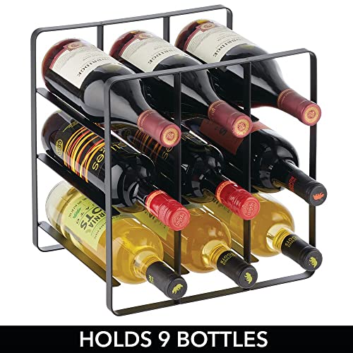 mDesign Metal Farmhouse Free-Standing Water Bottle and Wine Rack Storage Organizer for Kitchen Countertops, Pantry, Fridge - 3 Tiers, Holds 9 Bottles - Black