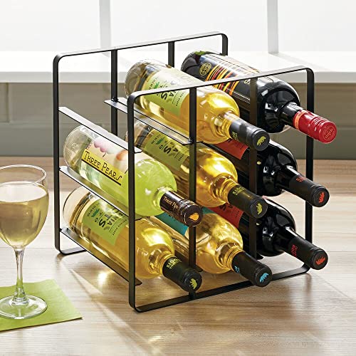 mDesign Metal Farmhouse Free-Standing Water Bottle and Wine Rack Storage Organizer for Kitchen Countertops, Pantry, Fridge - 3 Tiers, Holds 9 Bottles - Black