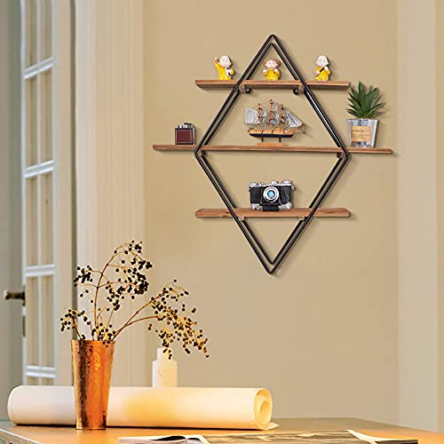 RiteSune Geometric Diamond Wall Shelves, 3 Tier Hanging Floating Display Shelf Decor for Bedroom Living Room Office, 24"X23.5"X6"