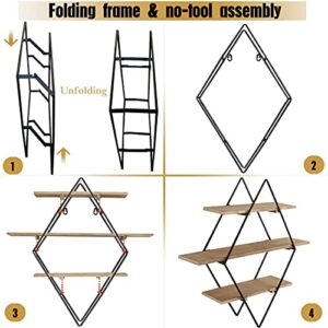 RiteSune Geometric Diamond Wall Shelves, 3 Tier Hanging Floating Display Shelf Decor for Bedroom Living Room Office, 24"X23.5"X6"