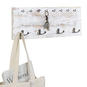 mygift wall mounted white washed solid wood entryway coat hanger and key holder organizer rack with 16 hooks, farmhouse style wall hanging laynard, leash, personal mask storage hooks