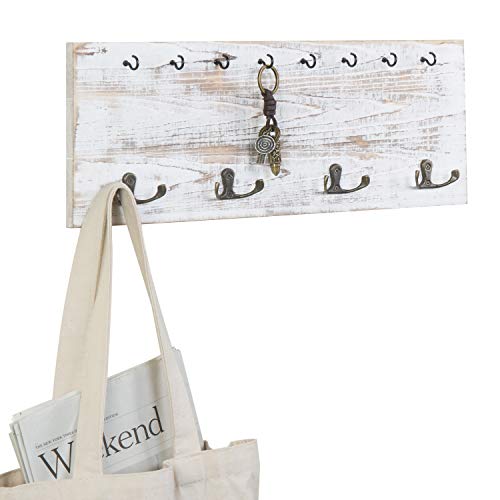 MyGift Wall Mounted White Washed Solid Wood Entryway Coat Hanger and Key Holder Organizer Rack with 16 Hooks, Farmhouse Style Wall Hanging Laynard, Leash, Personal Mask Storage Hooks