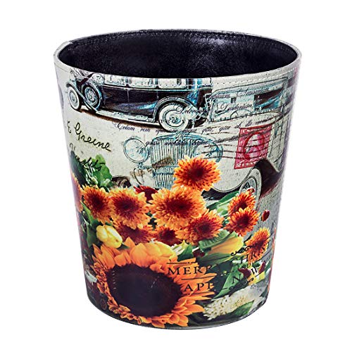 Scakbyer Leather Trash Can, Retro Decorative Waste Basket, 10L Capacity Small Waste Paper Basket, Waterproof Garbage Can for Bathroom, Bedroom, Office, Kitchen and Living Room - Sunflower