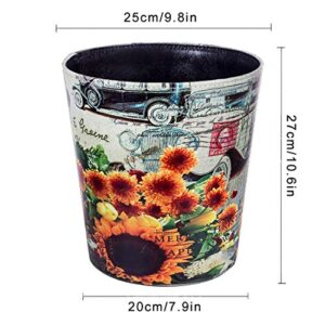 Scakbyer Leather Trash Can, Retro Decorative Waste Basket, 10L Capacity Small Waste Paper Basket, Waterproof Garbage Can for Bathroom, Bedroom, Office, Kitchen and Living Room - Sunflower