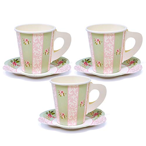 24 Disposable Tea Party Cups 5 oz 3" 24 Saucers 5" Paper Floral Shaped Plate Teacup Set with Handles for Kids Girls Mom Coffee Mugs Wedding Birthday Bridal Baby Shower Mint Green Pink Table Supplies