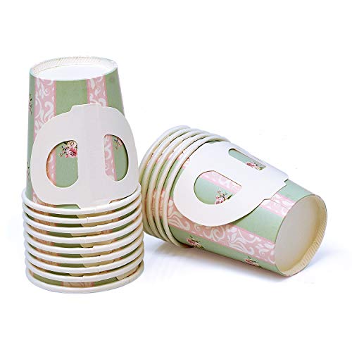 24 Disposable Tea Party Cups 5 oz 3" 24 Saucers 5" Paper Floral Shaped Plate Teacup Set with Handles for Kids Girls Mom Coffee Mugs Wedding Birthday Bridal Baby Shower Mint Green Pink Table Supplies