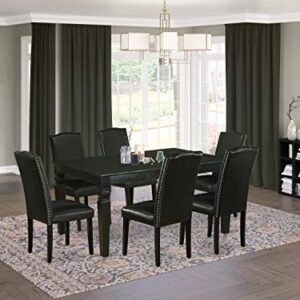 EAST WEST FURNITURE 7Pc Rectangular 42/60 inch Dinette Table With 18 In Leaf And 6 Parson Chair With Black Leg And Pu Leather Color Black.