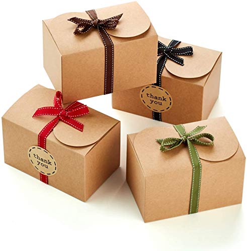 Hayley Cherie - Brown Kraft Gift Treat Boxes with Ribbons & Thank You Stickers (20 Pack) - 6.5 x 4 x 4 inches - Thick 400gsm Cardboard - For Goodies, Candy, Parties, Christmas, Birthdays, Weddings