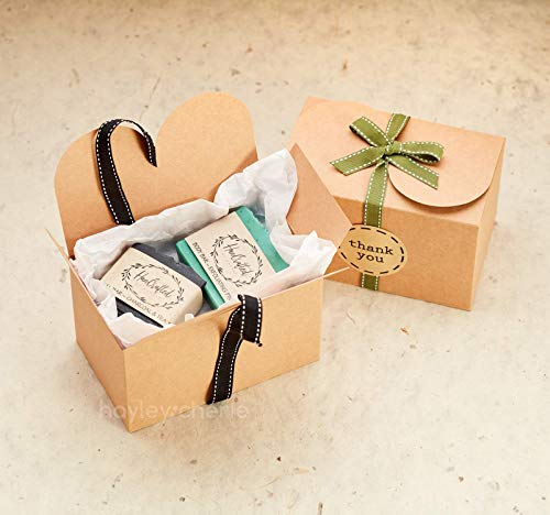 Hayley Cherie - Brown Kraft Gift Treat Boxes with Ribbons & Thank You Stickers (20 Pack) - 6.5 x 4 x 4 inches - Thick 400gsm Cardboard - For Goodies, Candy, Parties, Christmas, Birthdays, Weddings