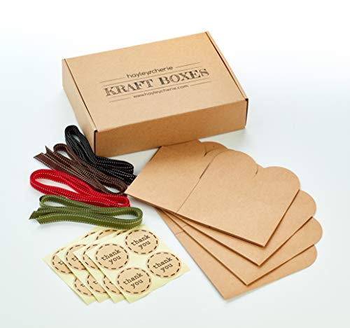 Hayley Cherie - Brown Kraft Gift Treat Boxes with Ribbons & Thank You Stickers (20 Pack) - 6.5 x 4 x 4 inches - Thick 400gsm Cardboard - For Goodies, Candy, Parties, Christmas, Birthdays, Weddings