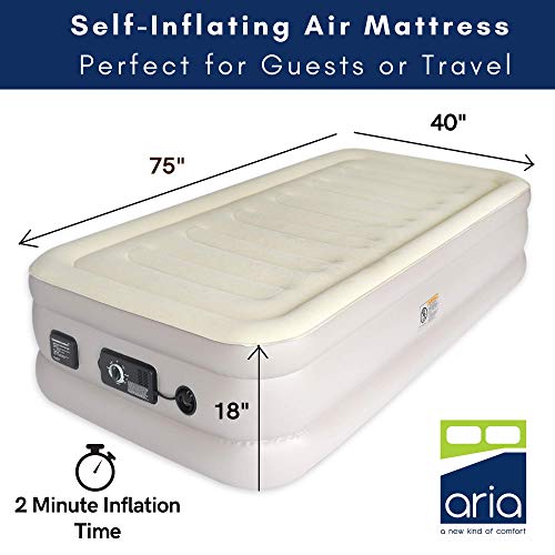 Aria Twin Inflatable Air Mattress with ConstantComfort Built-in Pump, Self-Inflating Air Bed Maintains Selected Firmness for Luxurious All-Night Sleep Comfort,Beige