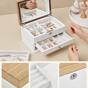 SONGMICS Jewelry Box, 3-Tier Jewelry Organizer Box, Locking Jewelry Case with Large Mirror, 2 Drawers, Gift Idea, for Rings, Earrings, Bracelets, Necklaces, White and Wood Grain Color UJOW15WN