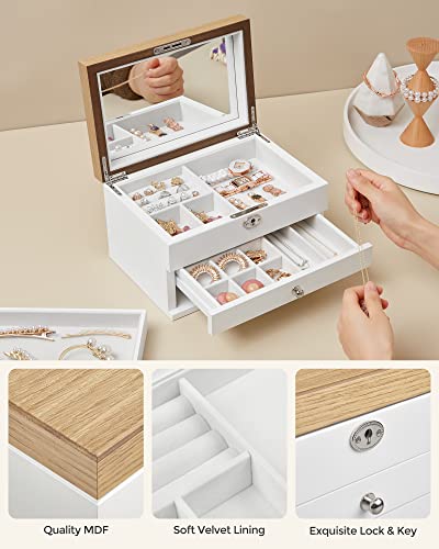 SONGMICS Jewelry Box, 3-Tier Jewelry Organizer Box, Locking Jewelry Case with Large Mirror, 2 Drawers, Gift Idea, for Rings, Earrings, Bracelets, Necklaces, White and Wood Grain Color UJOW15WN