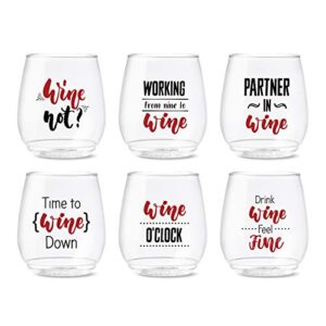 tossware pop 14oz vino all about wine series, set of 6, premium quality, recyclable, unbreakable & crystal clear plastic printed glasses