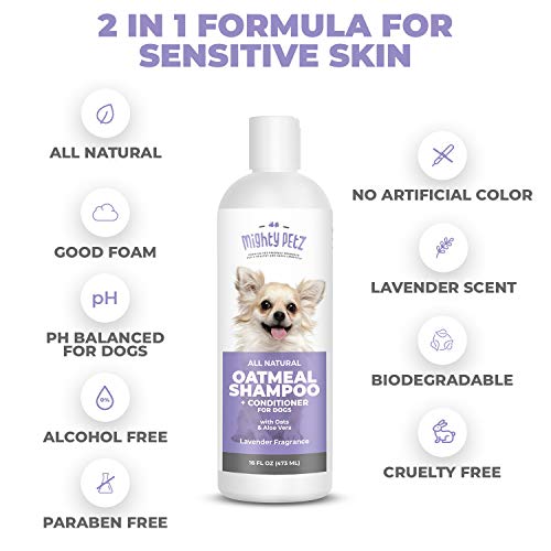 Mighty Petz 2-in-1 Oatmeal Dog Shampoo and Conditioner – Dog Shampoo Sensitive Skin for Dog's Itchy Dry Skin with Soothing Aloe Vera + Baking Soda + pH Balanced. Get Smelly Dogs Coat Fresh, 16 oz