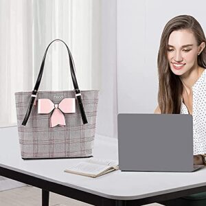 MOSISO Laptop Bag for Women Compatible with MacBook Pro 16 inch 2023-2019 M2 A2780 M1 A2485 A2141,15-15.6 inch Notebook, PU Leather Large Capacity Travel Briefcase with Bowknot Grid MO-GID001GYPK