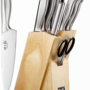 SIXILANG Knife Set, 8 Piece German Stainless Steel Hollow Handle Manual Knife Sharpener Forged Kitchen Knives Set with Oak Wooden Block Gift