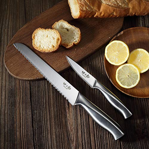 SIXILANG Knife Set, 8 Piece German Stainless Steel Hollow Handle Manual Knife Sharpener Forged Kitchen Knives Set with Oak Wooden Block Gift