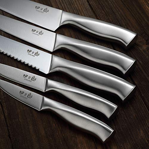 SIXILANG Knife Set, 8 Piece German Stainless Steel Hollow Handle Manual Knife Sharpener Forged Kitchen Knives Set with Oak Wooden Block Gift