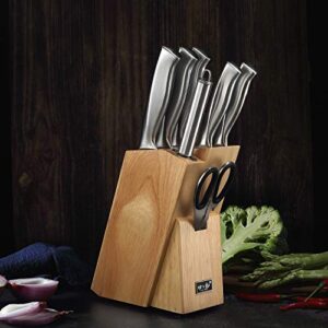 SIXILANG Knife Set, 8 Piece German Stainless Steel Hollow Handle Manual Knife Sharpener Forged Kitchen Knives Set with Oak Wooden Block Gift