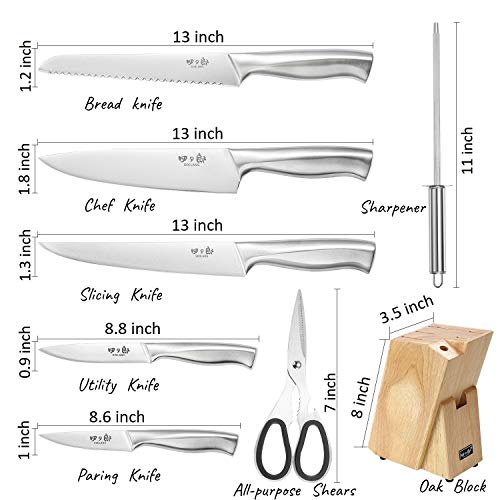 SIXILANG Knife Set, 8 Piece German Stainless Steel Hollow Handle Manual Knife Sharpener Forged Kitchen Knives Set with Oak Wooden Block Gift