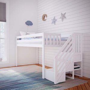 max & lily low loft bed, twin bed frame for kids with stairs, white