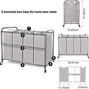 STORAGE MANIAC Laundry Sorter 4 Section, Laundry Hamper with Wheels, Laundry Basket Sorter, Laundry Separator Hamper, Laundry Divider Hamper, 4 Bag Laundry Hamper with Wheels and Removable Bags, Gray