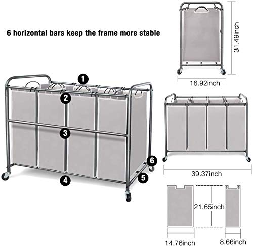 STORAGE MANIAC Laundry Sorter 4 Section, Laundry Hamper with Wheels, Laundry Basket Sorter, Laundry Separator Hamper, Laundry Divider Hamper, 4 Bag Laundry Hamper with Wheels and Removable Bags, Gray