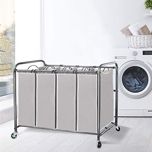 STORAGE MANIAC Laundry Sorter 4 Section, Laundry Hamper with Wheels, Laundry Basket Sorter, Laundry Separator Hamper, Laundry Divider Hamper, 4 Bag Laundry Hamper with Wheels and Removable Bags, Gray