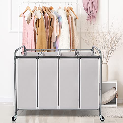 STORAGE MANIAC Laundry Sorter 4 Section, Laundry Hamper with Wheels, Laundry Basket Sorter, Laundry Separator Hamper, Laundry Divider Hamper, 4 Bag Laundry Hamper with Wheels and Removable Bags, Gray