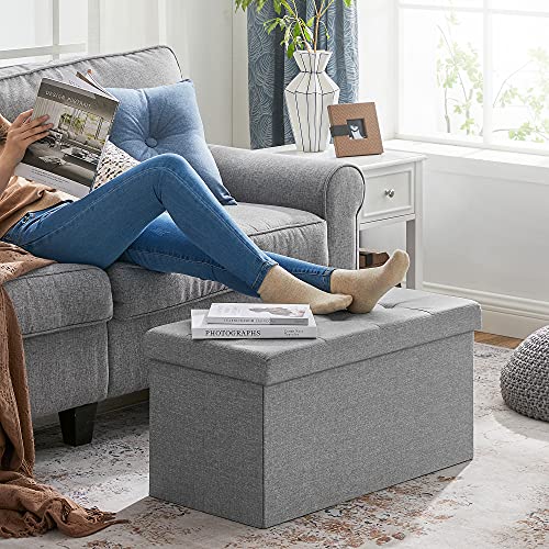 SONGMICS 30 Inches Folding Storage Ottoman Bench, Storage Chest, Foot Rest Stool, Light Gray ULSF47G, 15 x 30 x 15 Inches