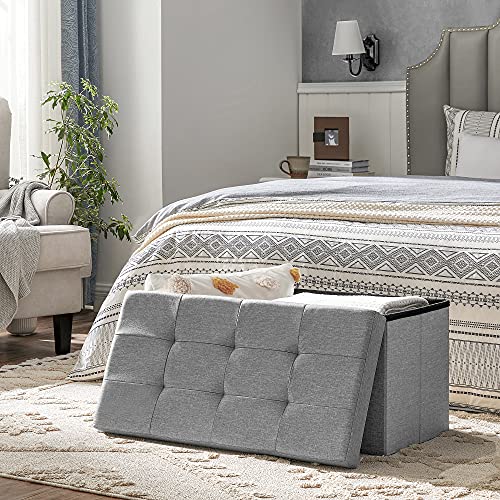 SONGMICS 30 Inches Folding Storage Ottoman Bench, Storage Chest, Foot Rest Stool, Light Gray ULSF47G, 15 x 30 x 15 Inches