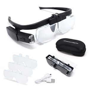 led head mount magnifier glasses with 3 detachable lenses 2 led professional jeweler loupe light usb rechargeable hands free headband magnifying glass for reading watch & electronic repair sewing