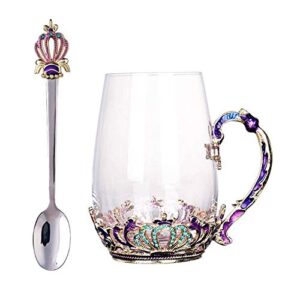 swthony glass tea cup mug with spoon european style carved flower glass coffee mugs cups set rhinestone glass drinking fancy tea cups mugs set birthday gift for women wife mom grandma