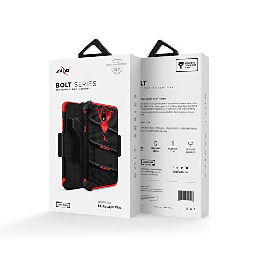 ZIZO Bolt Series for LG Escape Plus Case | Heavy-Duty Military-Grade Drop Protection w/ Kickstand Included Belt Clip Holster Tempered Glass Lanyard (Black/Red)