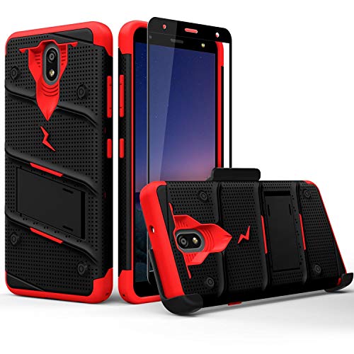 ZIZO Bolt Series for LG Escape Plus Case | Heavy-Duty Military-Grade Drop Protection w/ Kickstand Included Belt Clip Holster Tempered Glass Lanyard (Black/Red)