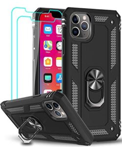 leyi compatible for iphone 11 pro max case with tempered glass screen protector [2 pack], military-grade phone case cover with ring kickstand for apple iphone 11 pro max 6.5 inch，black