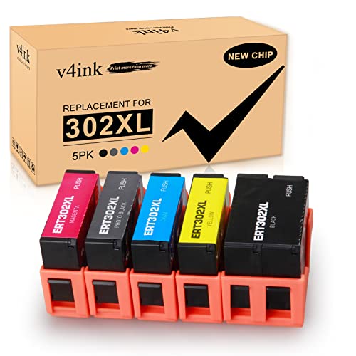 v4ink T302 302XL Remanufactured Ink Cartridge Replacement for Epson 302XL T302XL Compatible with Expression Premium XP-6000 XP-6100 Series 5 Pack (Black,Photo Black,Cyan,Magenta,Yellow)