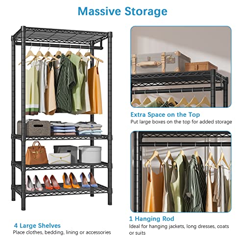 VIPEK V1S Wire Garment Rack 4 Tiers Heavy Duty Clothes Rack for Hanging Clothes Large Clothing Rack Freestanding Closet with Hanging Rod, 35.4'' L X 15.7'' W X 70.9'' H, Max Load 500LBS, Black