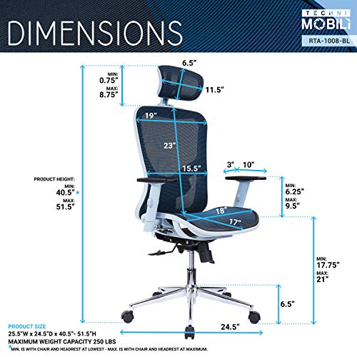 Techni Mobili Mesh Office Chair - High Back Computer Desk Chair with Adjustable Arms, Headrest, & Lumbar Support - Ergonomic Chair with Seat Cushion, Wheels, & Reclining Tilt Lock