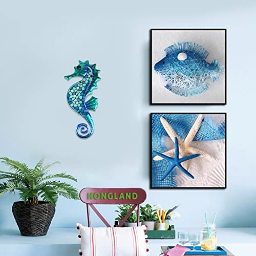 HONGLAND Metal Seahorse Wall Art Blue Mosaic Glass Wall Decor Sculpture Hanging Ocean Decorations for Home, Garden, Fence,Livingroom, Indoor, Outdoor