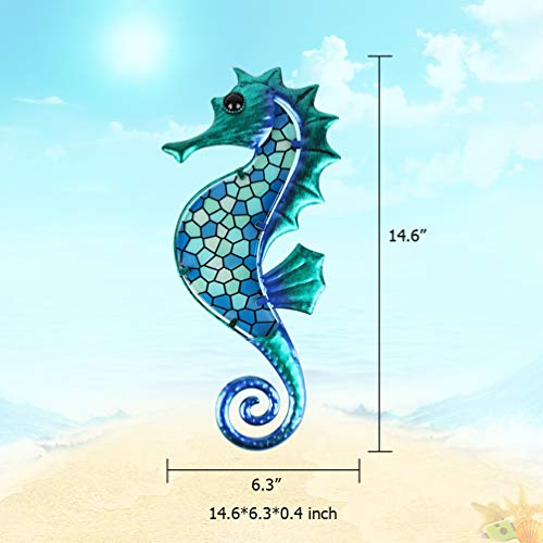 HONGLAND Metal Seahorse Wall Art Blue Mosaic Glass Wall Decor Sculpture Hanging Ocean Decorations for Home, Garden, Fence,Livingroom, Indoor, Outdoor