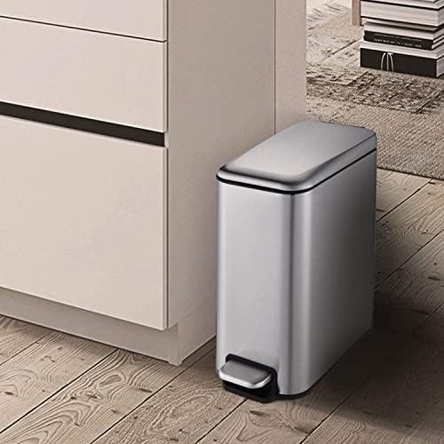 YCTEC 1.3 Gallon/5 Liter Stainless Steel Small Trash Can with Lid Soft Close, Removable Inner Waste Basket, Rectangular Slim Garbage Can for Bathroom Bedroom Office, Narrow Step Trash Bin, Silver