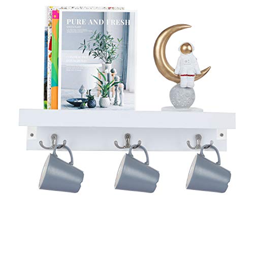 Satauko Wall Mounted Coat Rack Shelf Décor for Photo Ledge Display, Wood Wall Key Holder Hooks Storage, White Floating Shelves Organizer for Entryway, Kitchen, Bathroom.