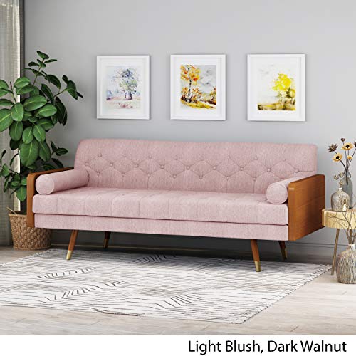 GDFStudio Aidan Mid-Century Modern Tufted Fabric Sofa, Light Blush and Dark Walnut