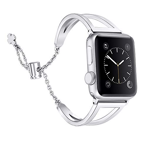 Secbolt Bands Compatible with Apple Watch Band 38mm 40mm 41mm iWatch Series 8/7/6/5/4/3/2/1/SE, Women Dressy Metal Jewelry Bracelet Bangle Wristband Stainless Steel, Silver