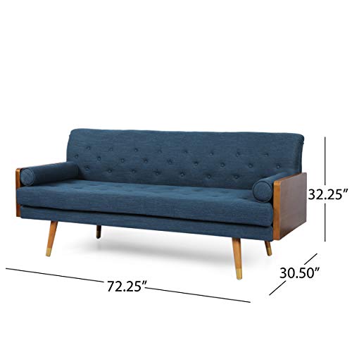 Great Deal Furniture Aidan Mid-Century Modern Tufted Fabric Sofa, Navy Blue and Dark Walnut