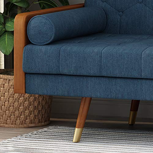 Great Deal Furniture Aidan Mid-Century Modern Tufted Fabric Sofa, Navy Blue and Dark Walnut