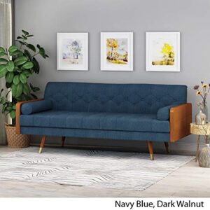 Great Deal Furniture Aidan Mid-Century Modern Tufted Fabric Sofa, Navy Blue and Dark Walnut