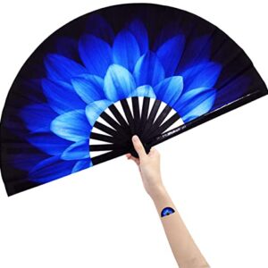 Amajiji Large Folding Fan, Rave Festival Accessories for Men/Women, Chinease/Japanese Bamboo Hand Fan, Performance Decoration Gift Dance Handheld Fan (Blue Flowers)